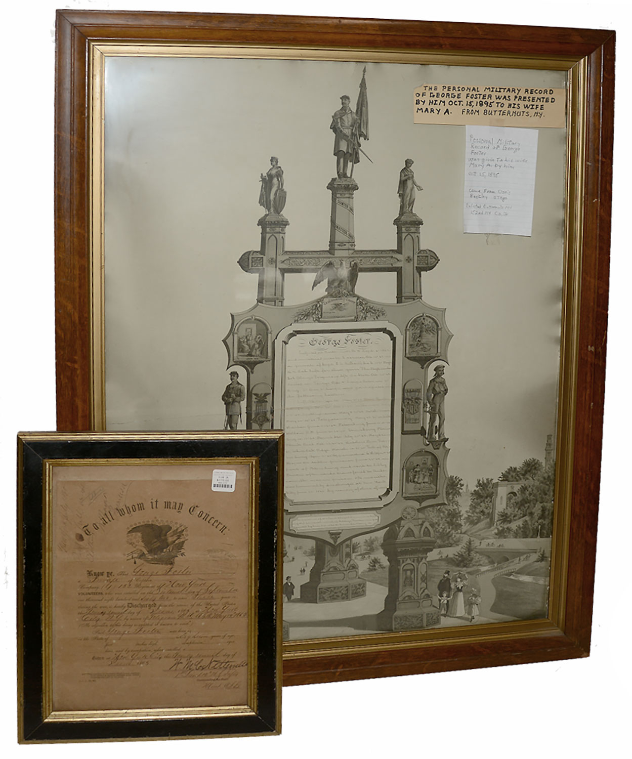 FRAMED CIVIL WAR DISCHARGE AND SOLDIER’S MEMORIAL BEARING THE PERSONAL ...