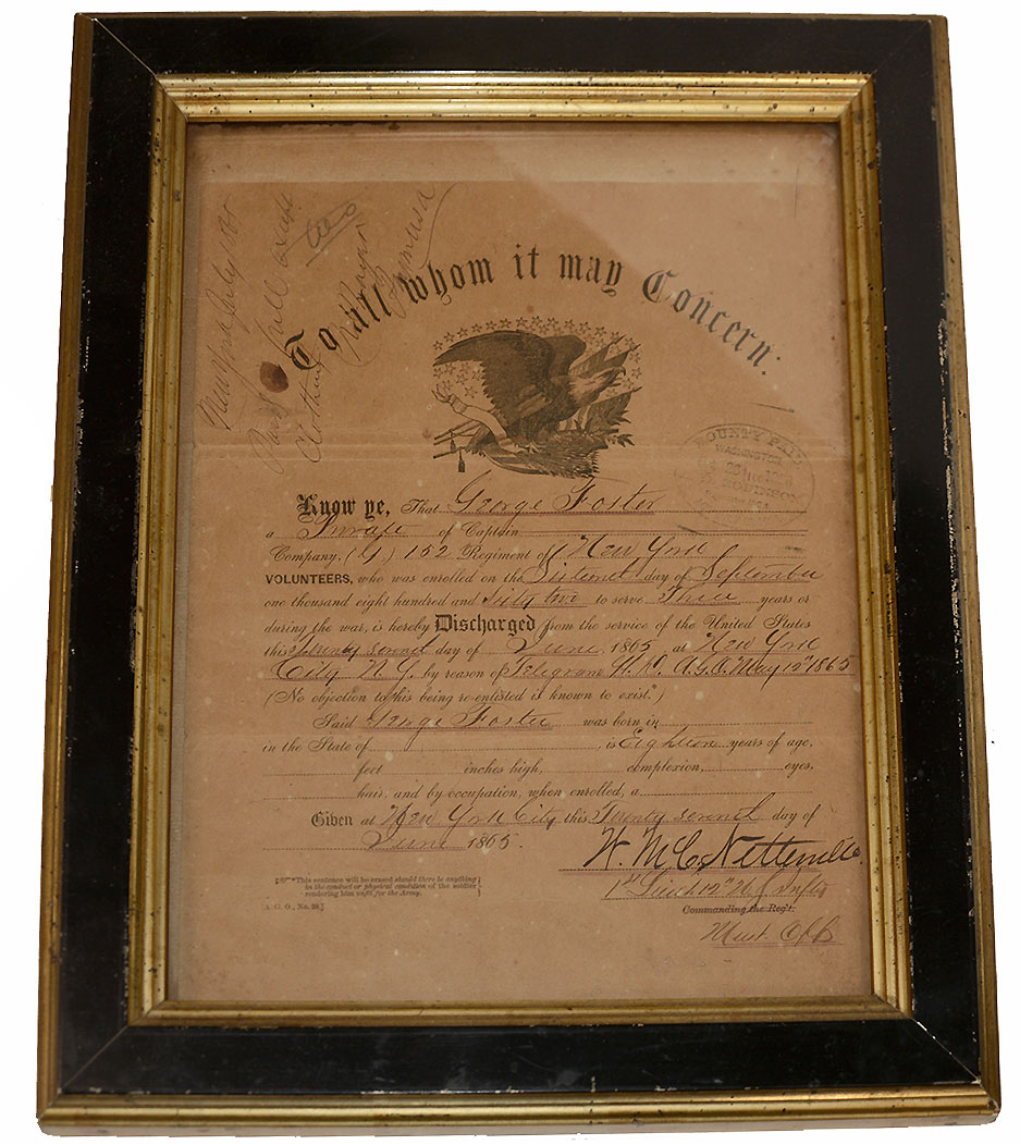 FRAMED CIVIL WAR DISCHARGE AND SOLDIER’S MEMORIAL BEARING THE PERSONAL ...