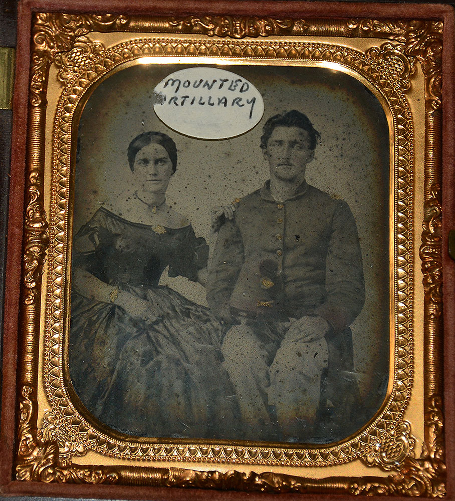 VERY RARE TINTYPE VIEW OF MOUNTED ARTILLERYMAN AND PARTNER — Horse Soldier