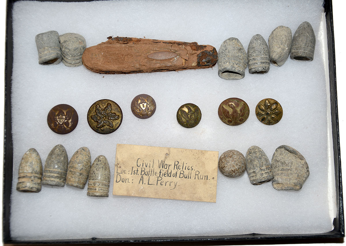 OLD COLLECTION OF RELICS FROM BULL RUN, WITH TAG — Horse Soldier