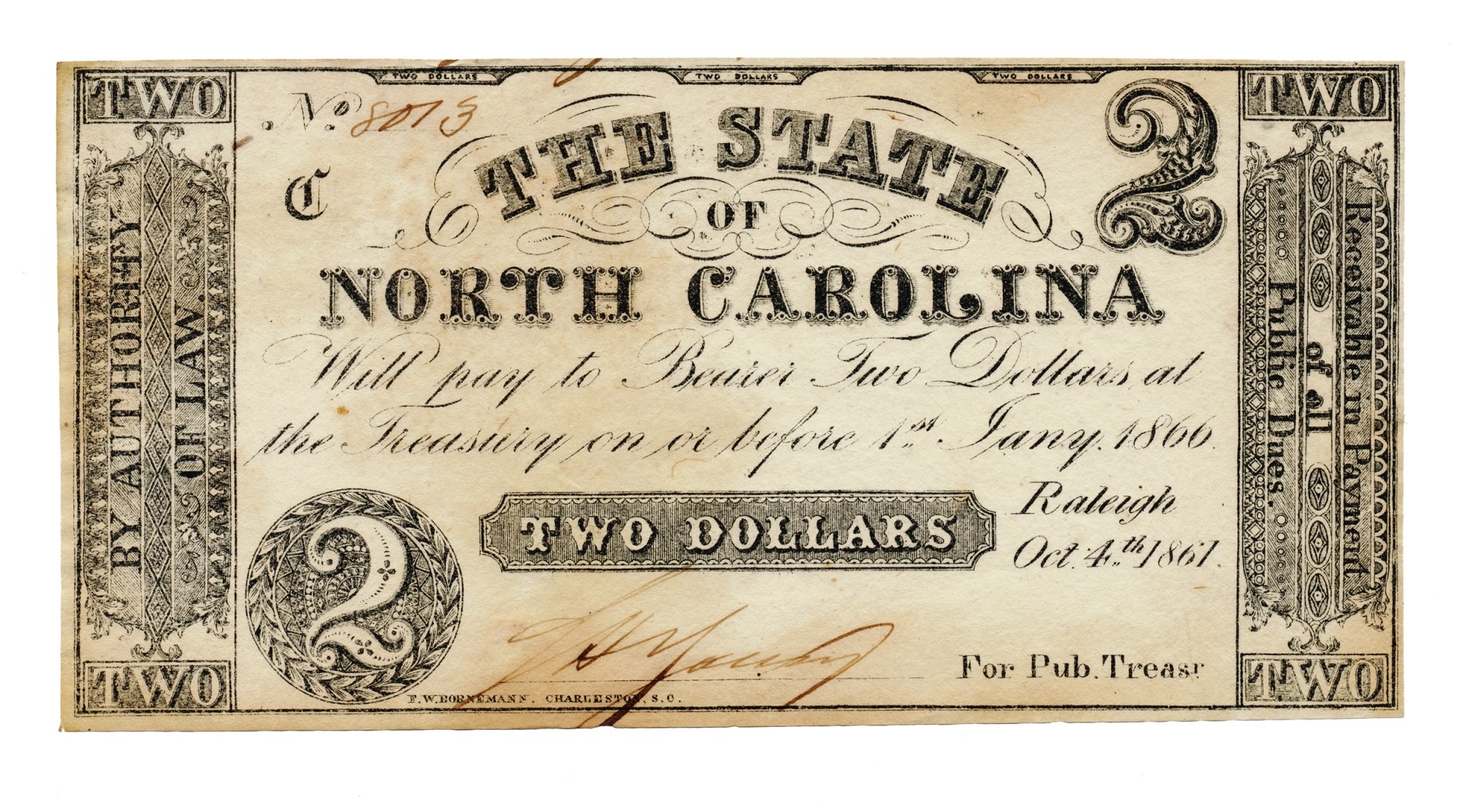 STATE OF NORTH CAROLINA TWO DOLLAR NOTE — Horse Soldier