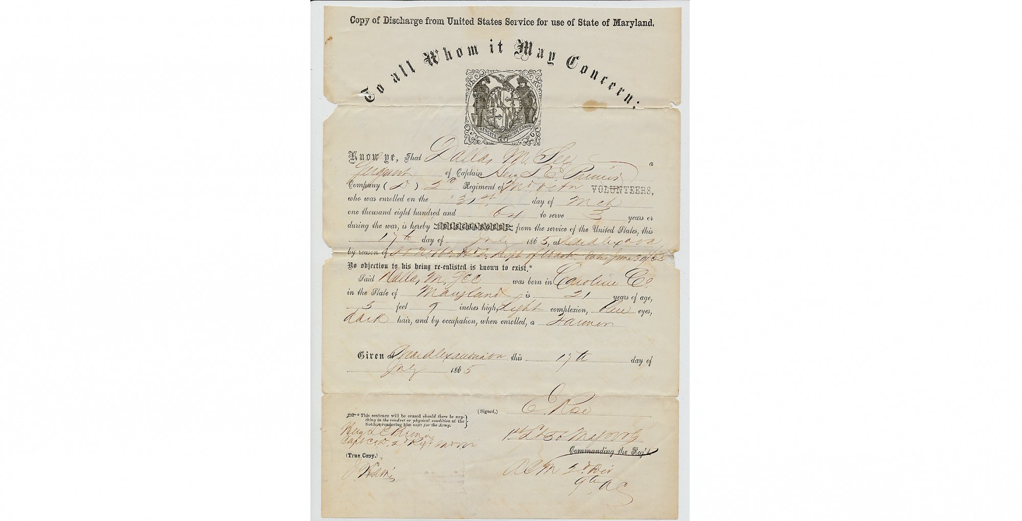 STATE OF MARYLAND FEDERAL DISCHARGE / BOUNTY CERTIFICATE - SERGEANT ...