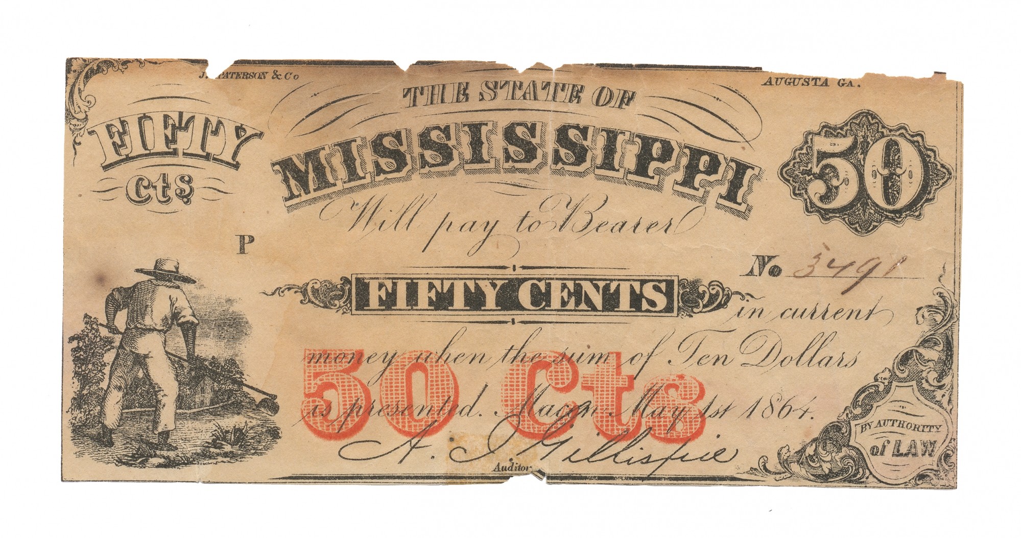 CONFEDERATE CURRENCY - THE STATE OF MISSISSIPI FIFTY 50 CENT NOTE ...