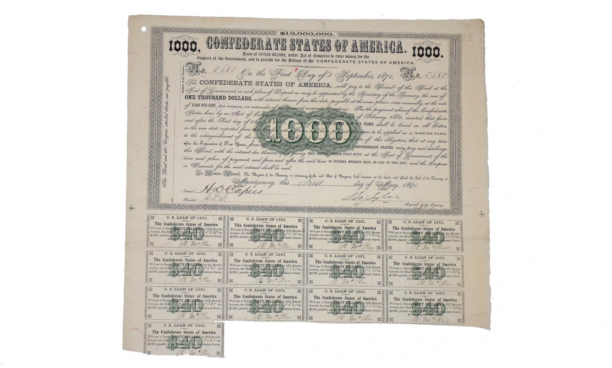 $1000 CONFEDERATE BOND ISSUED FROM MONTGOMERY — Horse Soldier