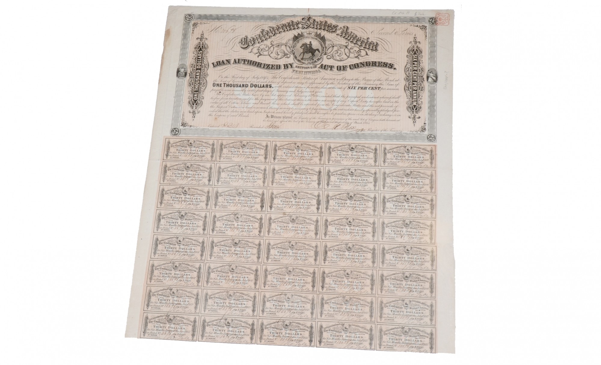 $1000 CONFEDERATE BOND ISSUED FROM RICHMOND — Horse Soldier