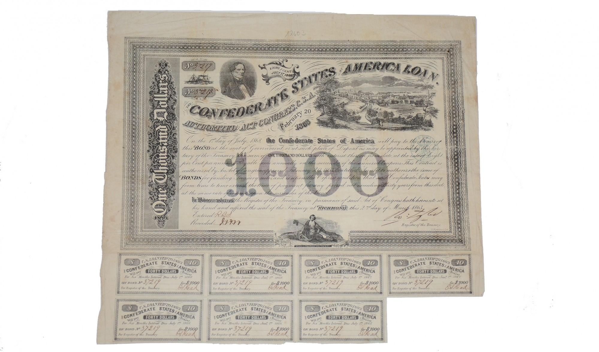 $1000 CONFEDERATE BOND ISSUED FROM RICHMOND — Horse Soldier