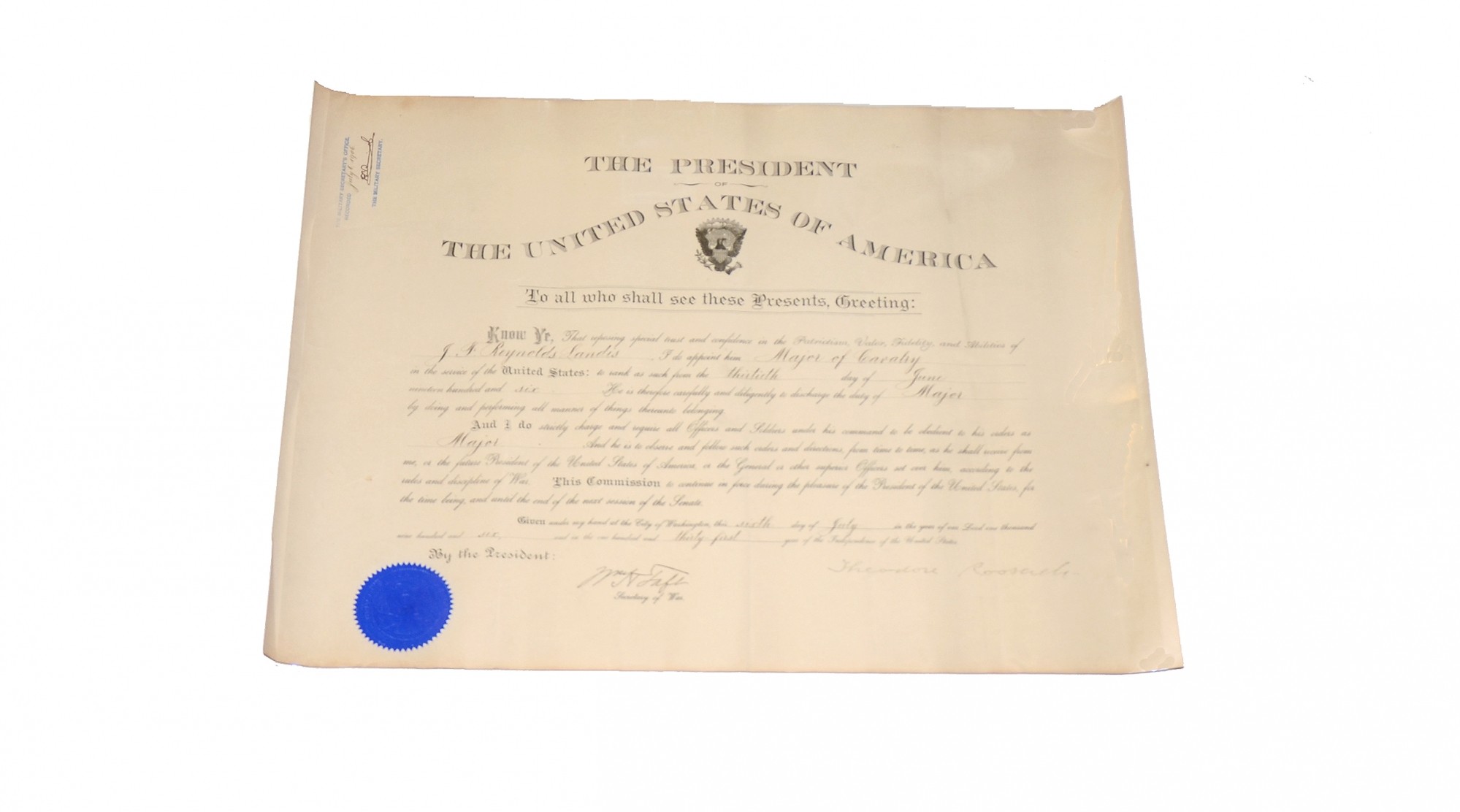 J. F. REYNOLDS LANDIS’ OFFICER’S COMMISSION AS A U.S. ARMY MAJOR OF ...