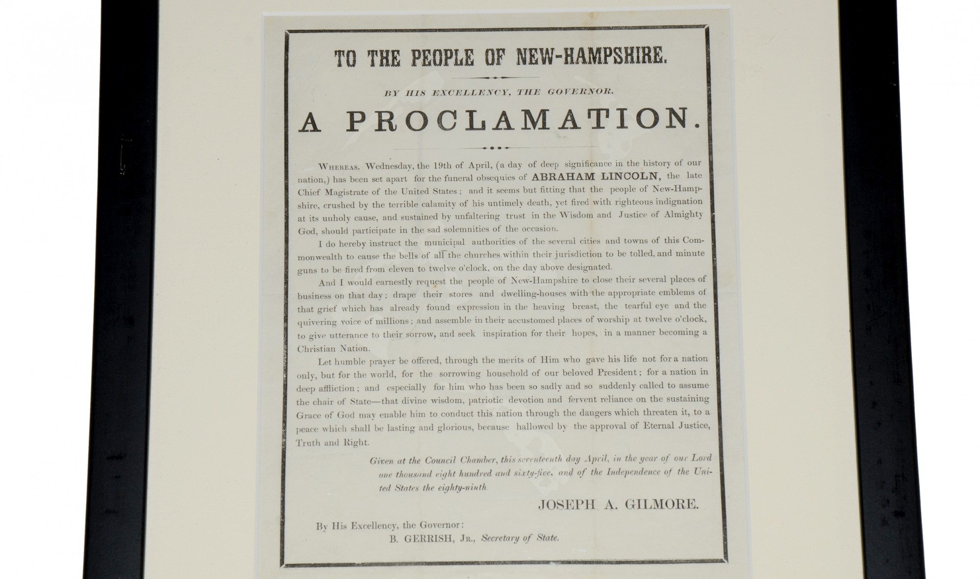 FRAMED PROCLAMATION BY THE GOVERNOR OF NEW HAMPSHIRE CONCERNING ...