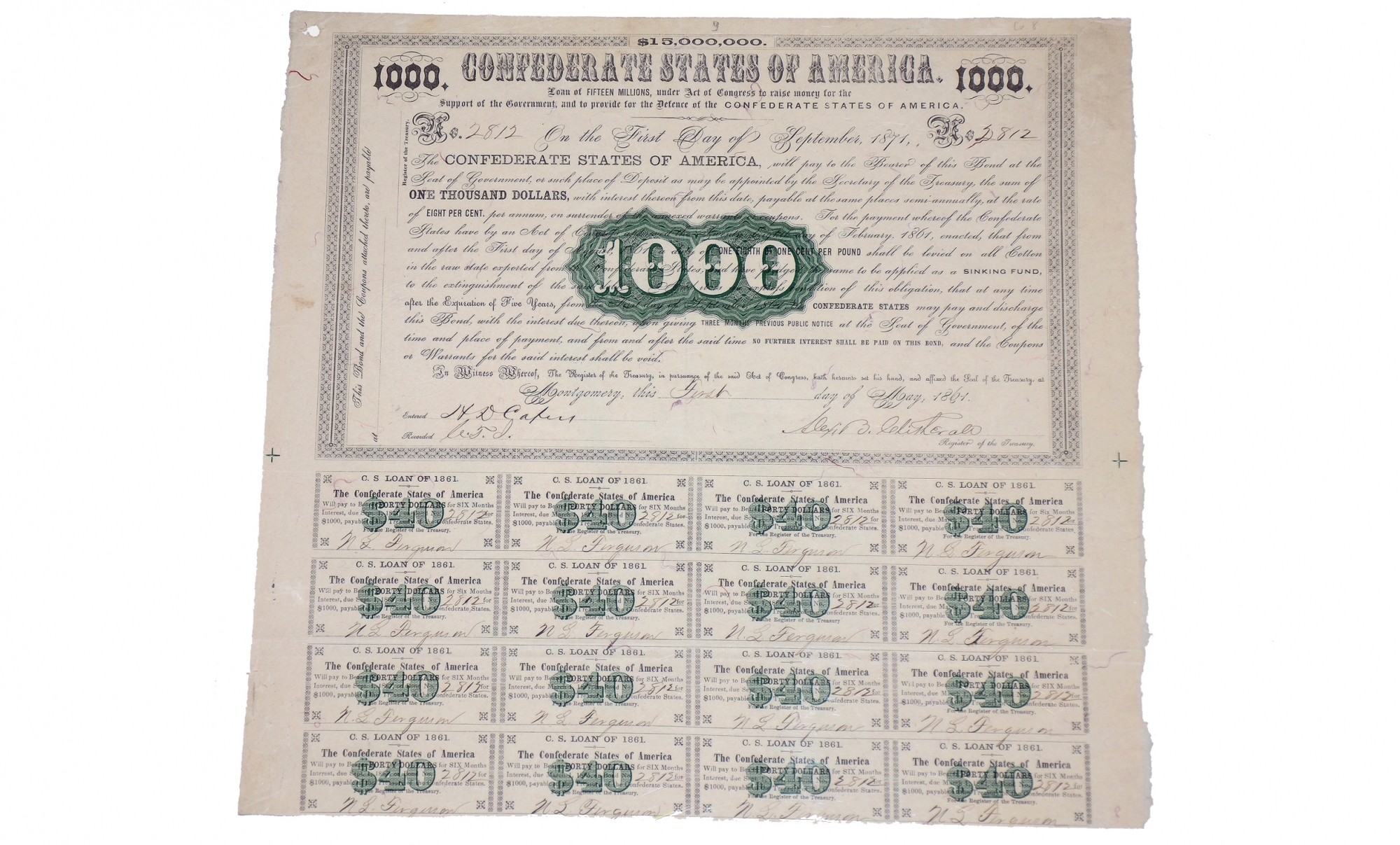 $1000 CONFEDERATE BOND ISSUED FROM MONTGOMERY — Horse Soldier
