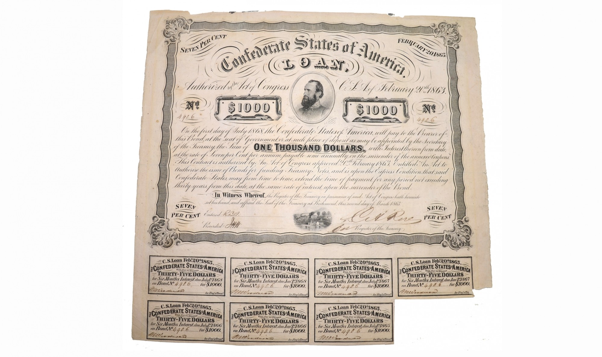 $1000 CONFEDERATE BOND ISSUED FROM RICHMOND — Horse Soldier