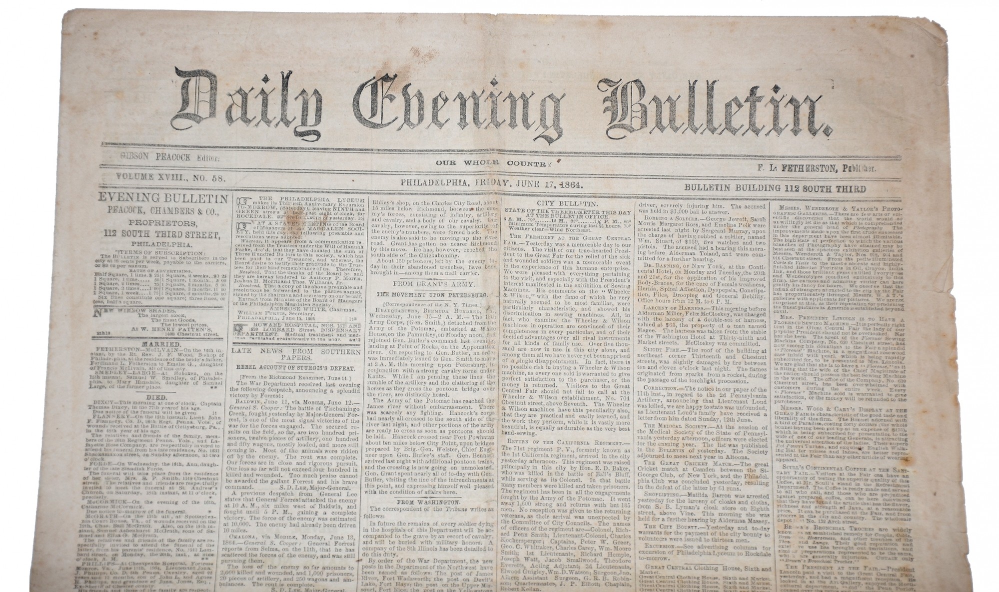 PHILADELPHIA DAILY EVENING BULLETIN, JUNE 17, 1864 — Horse Soldier